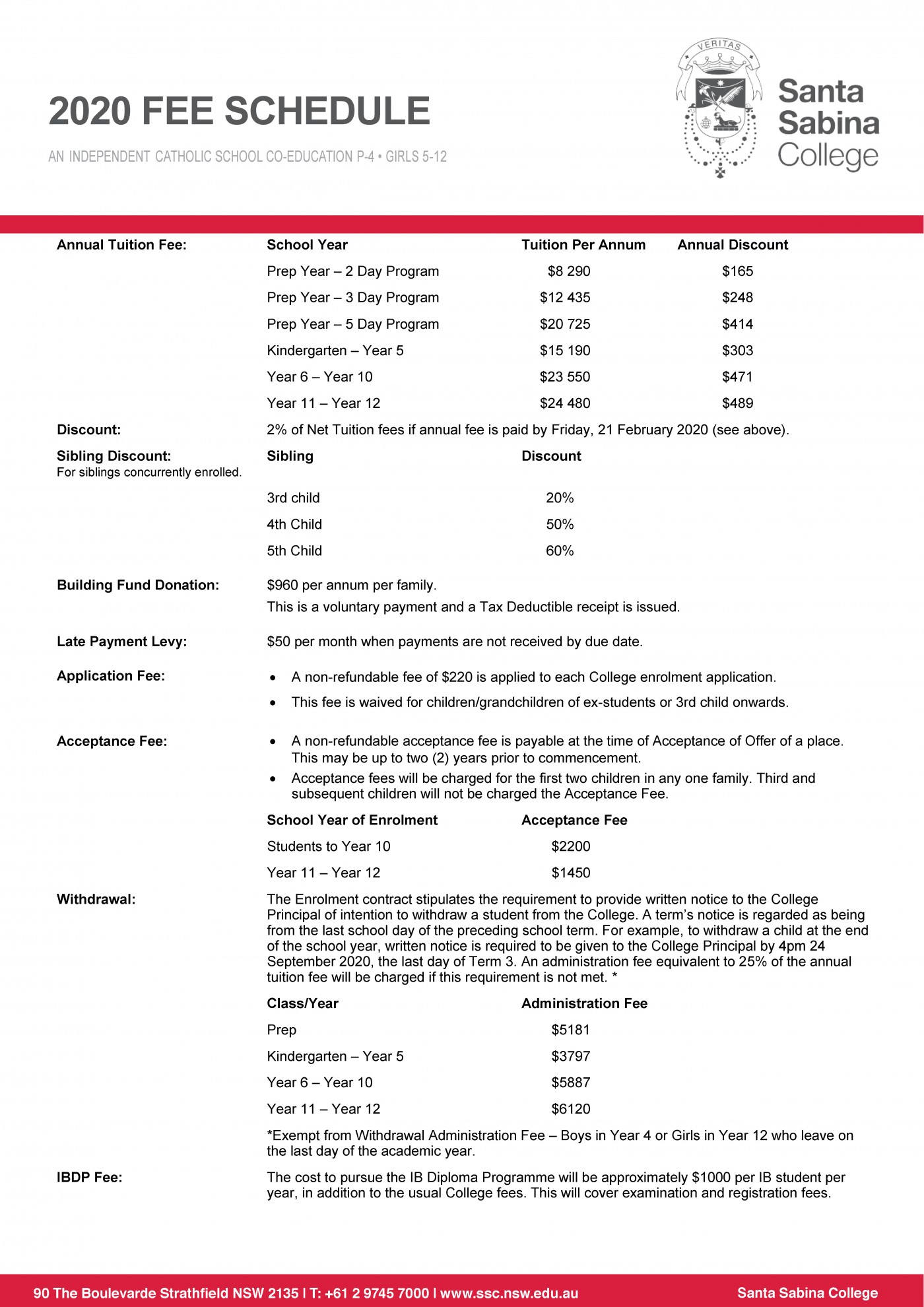 2020 Schedule of Fees - Santa Sabina College